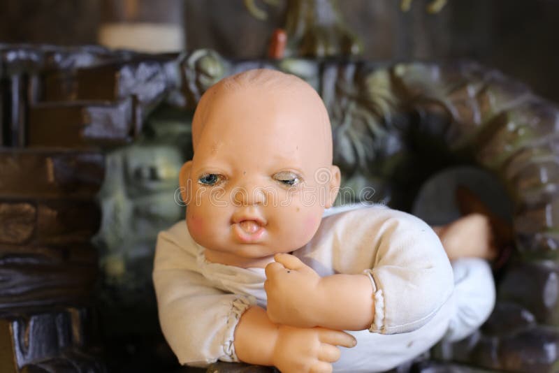 Spooky Weathered Baby Doll Portrait Stock Photo - Image of bald, doll ...