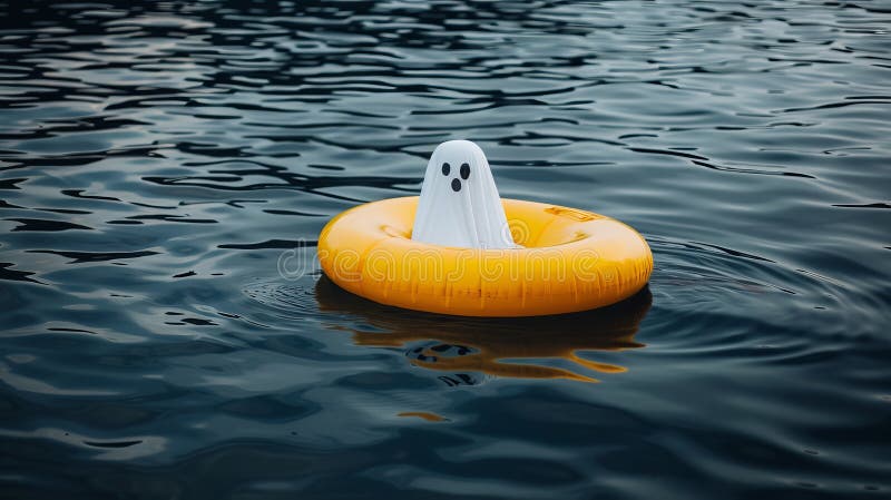 Spooky White Ghost with Black Eyes Floating in a Yellow Inflatable Ring ...