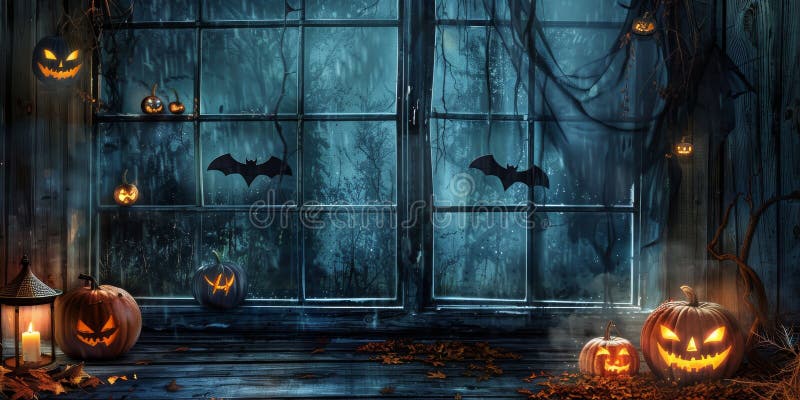 Spooky Window Halloween Backdrop Stock Illustration - Illustration of ...