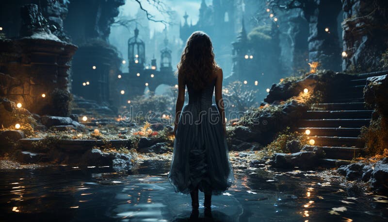 A Spooky Witch Walks in the Dark Forest at Night Generated by AI Stock ...