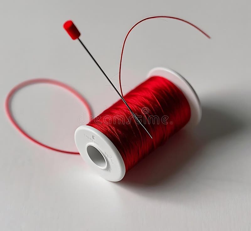 A Spool of Bright Red Thread with a Polished Metallic Needle Vertically ...