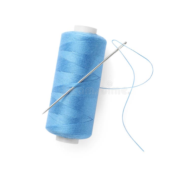 Spool of Light Blue Sewing Thread with Needle Isolated on White, Top ...