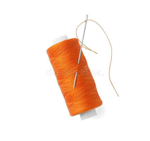 Spool of Orange Sewing Thread with Needle Isolated on White, Top View ...