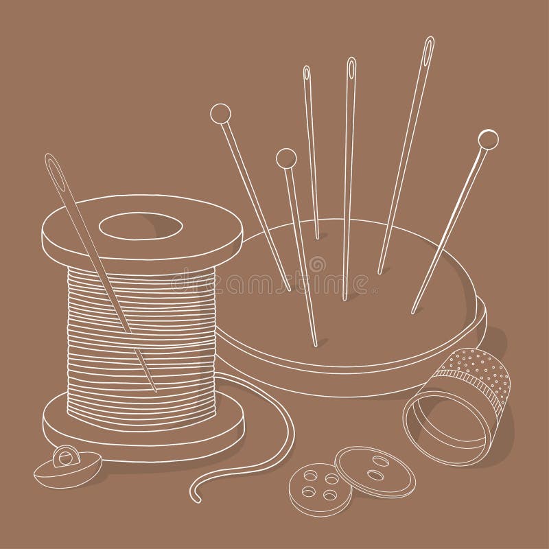 Spool of Thread, Buttons, and Sewing Needles. White Outline on a Brown ...