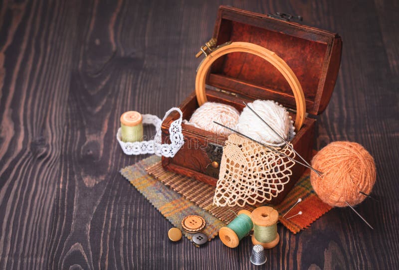 Spool of Thread, Thimble and a Box with Needlework Stock Photo - Image ...