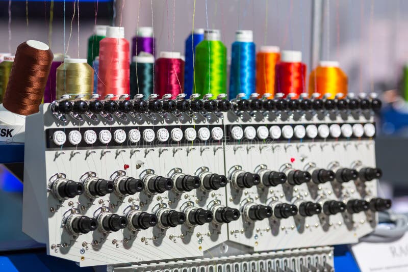 Spools of Color Threads Closeup, Spinning Machine Stock Image - Image ...