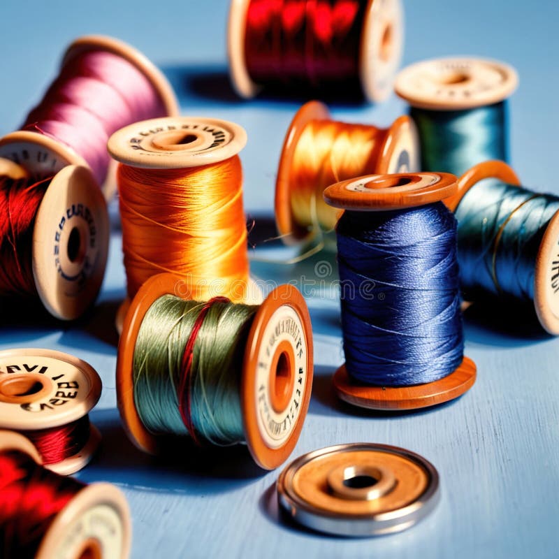 Spools of Thread and Buttons on Light Blue Background Stock ...