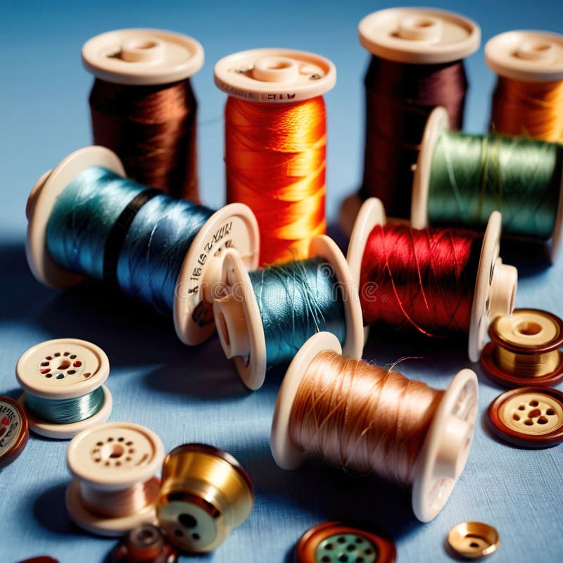 Spools of Thread and Buttons on Light Blue Background Stock ...