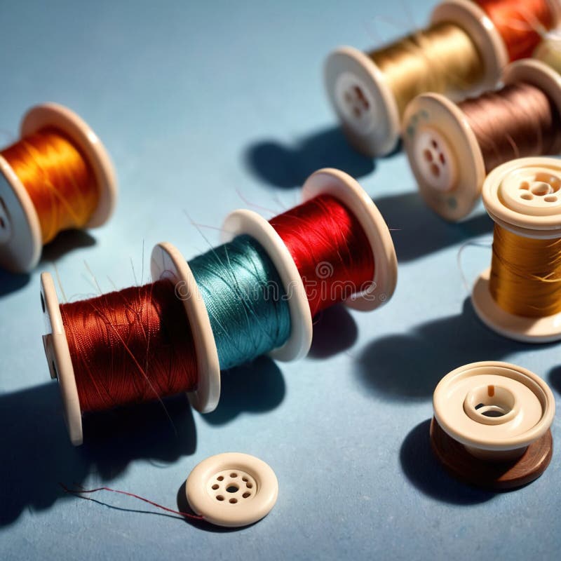 Spools of Thread and Buttons on Light Blue Background Stock ...