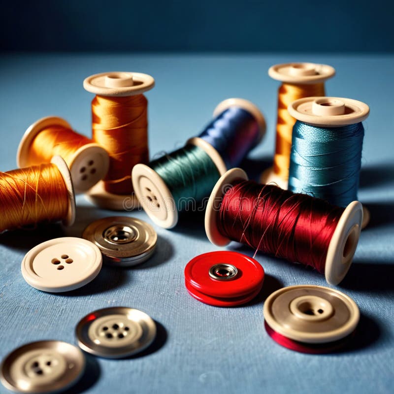 Spools of Thread and Buttons on Light Blue Background Stock ...
