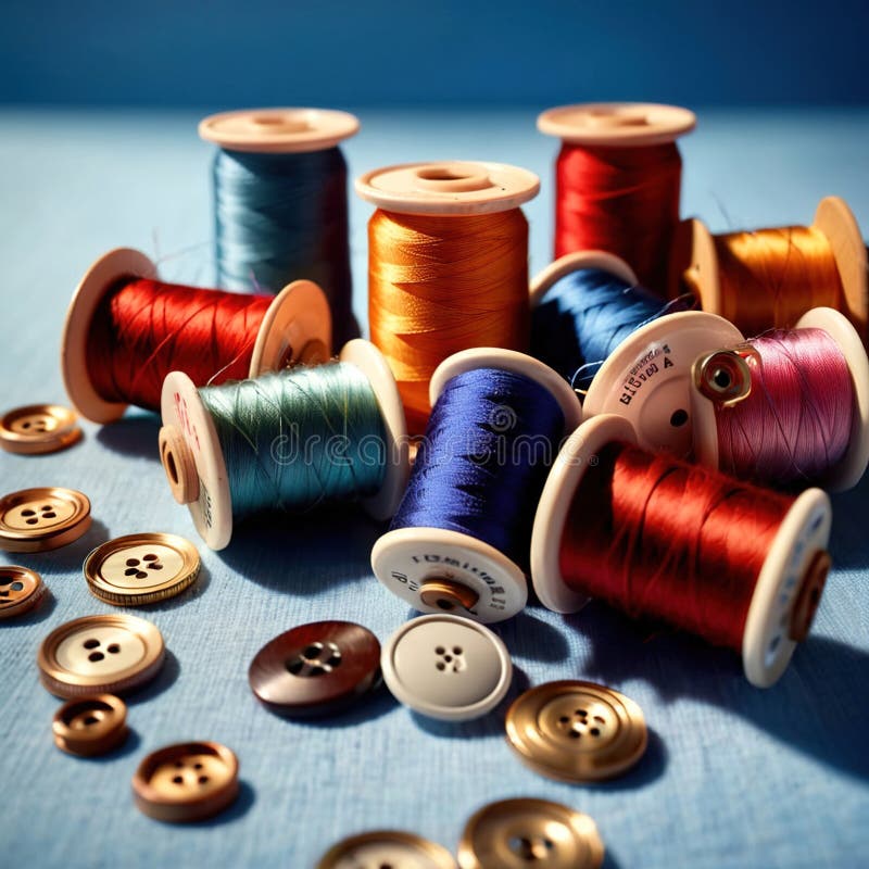 Spools of Thread and Buttons on Light Blue Background Stock ...