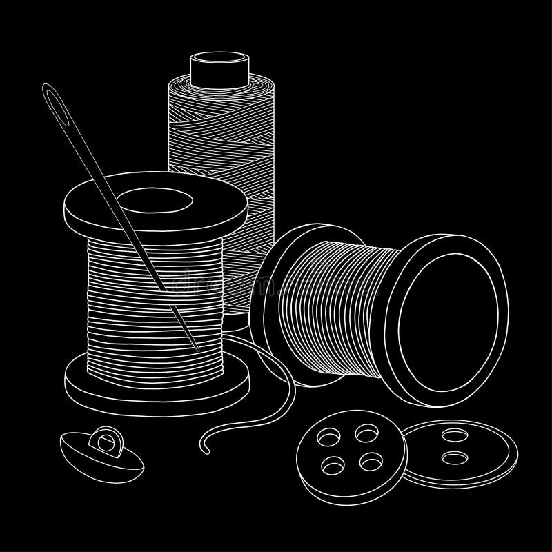 Spools of Thread, Buttons, and a Sewing Needle. White Outline on a ...