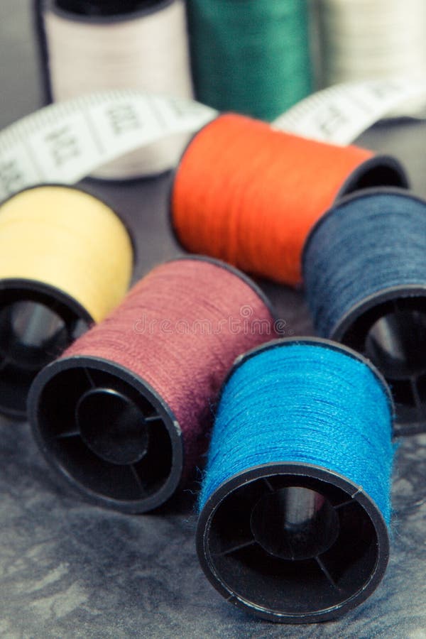 Spools of Thread and Tape Measure Using for Embroidery and Sewing Stock ...