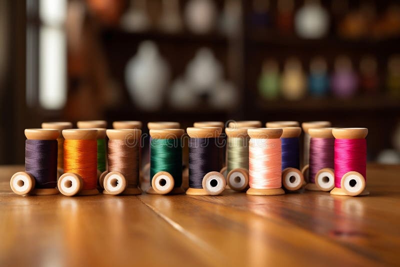 Spools of Thread on a Wooden Table a Linear Display. AI Stock ...