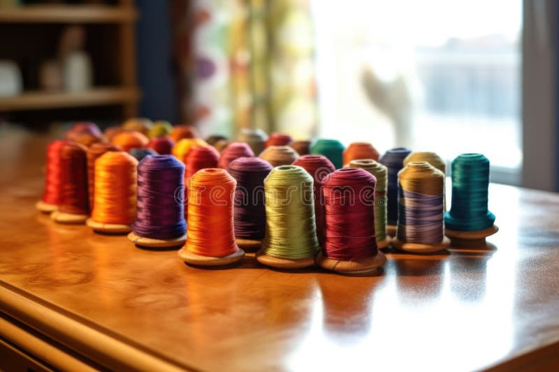 Spools of Vibrant Thread Lined Up on Sewing Table Stock Image - Image ...