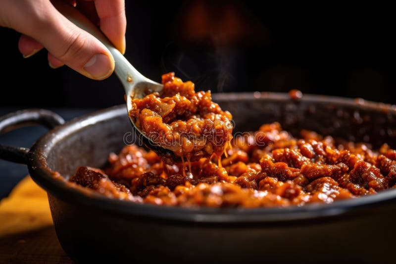 Spoon of Bbq Baked Beans Being Served by Hand Stock Image - Image of ...