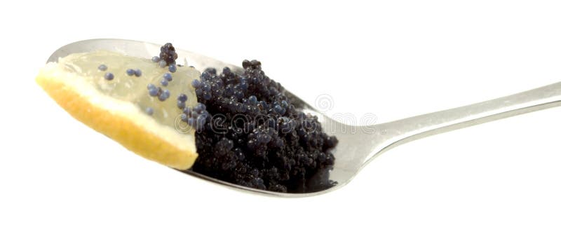 Spoon with Black Caviar and Lemon Slice Stock Photo - Image of ...