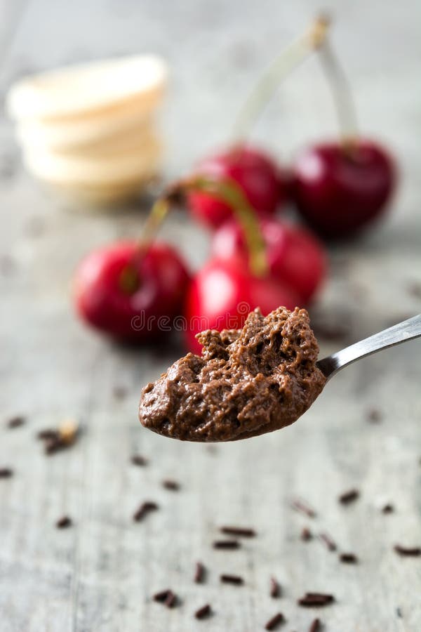 Spoon with Chocolate Mousse on Wood Stock Image - Image of mousse ...