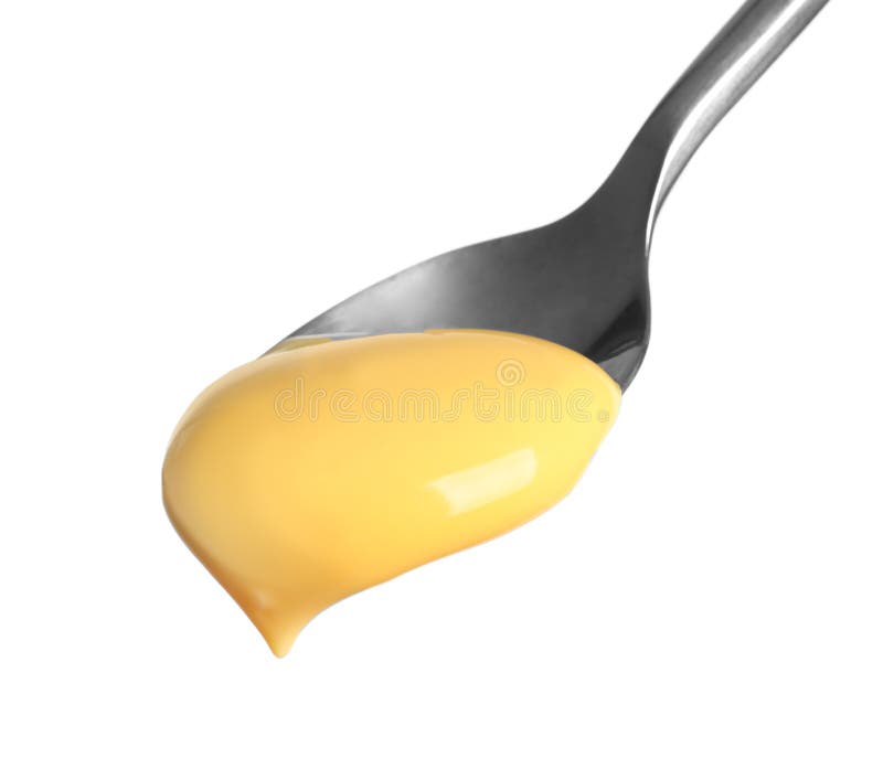 Spoon with Delicious Melted Cheese Isolated on White Stock Image ...