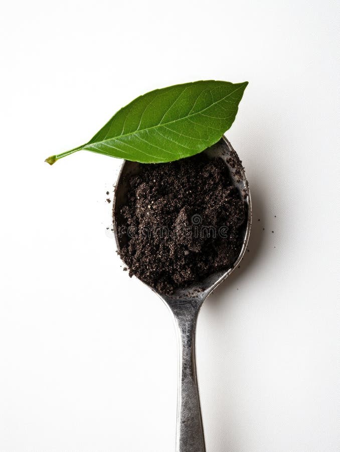 Spoon with dirt and leaf stock image. Image of ground - 381843221