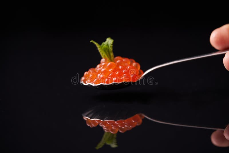 A Spoon Filled with Red Caviar with an Inserted Mint Leaf Over a Dark ...