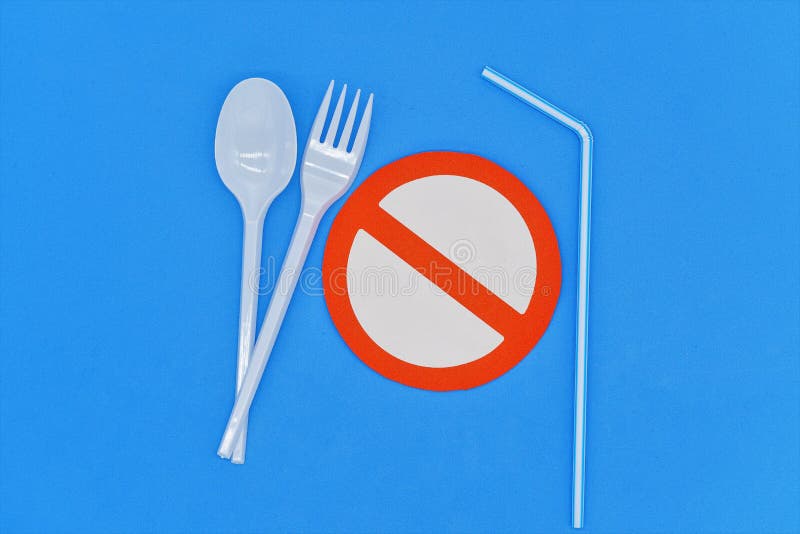 Spoon and Fork on Ban Sign. Disposable Single-use Plastic Objects ...