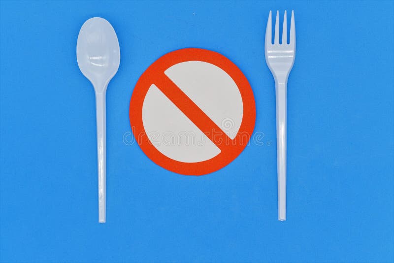 Spoon and Fork on Ban Sign. Disposable Single-use Plastic Objects ...