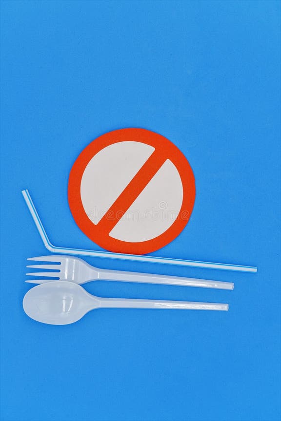 Spoon and Fork on Ban Sign. Disposable Single-use Plastic Objects ...