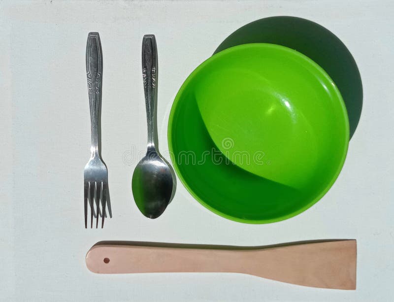 Spoon,fork,bowl,spatula Top View with White Background Stock Photo ...