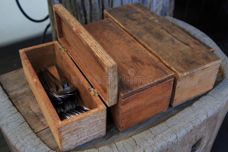 Spoon and Fork on Wood Box in Restaurant Stock Image - Image of ...