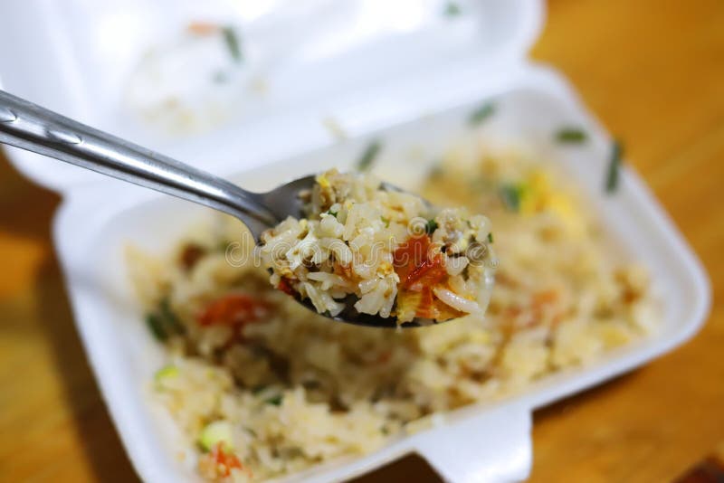 Spoon Fried Rice and Foam Boxes. Stock Photo - Image of people, meal ...