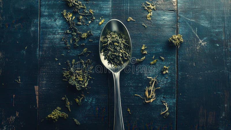 Spoon with Green Tea Leaves on Rustic Table Culinary Background with ...