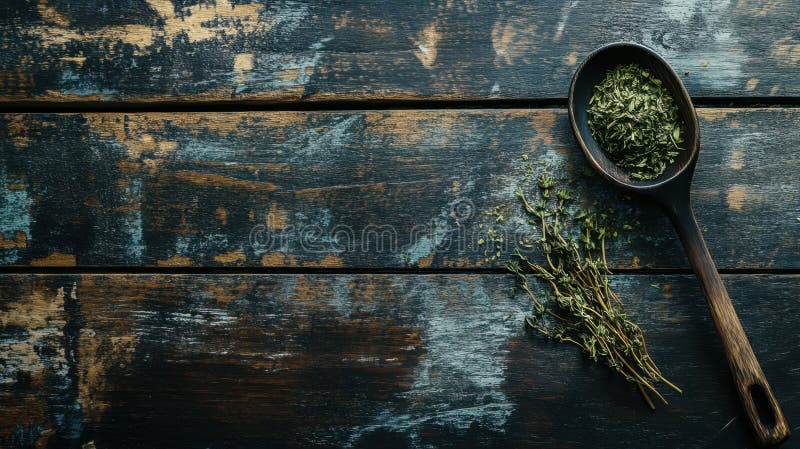Spoon with Green Tea Leaves on Rustic Table Culinary Background with ...