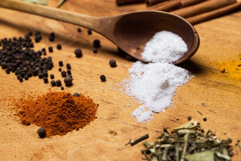 Spoon and Heap of Spices on the Table Stock Photo - Image of greens ...