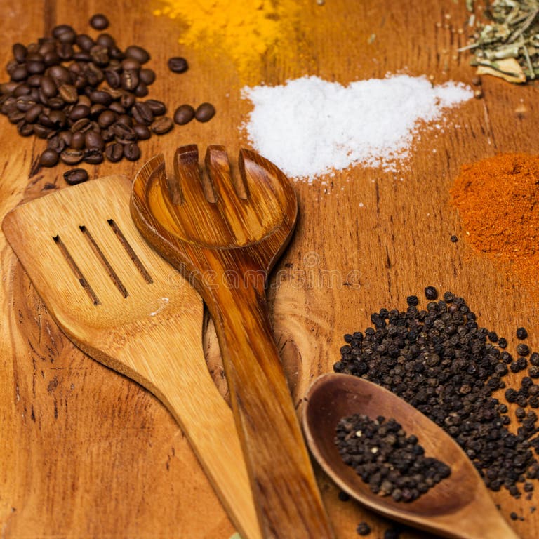 Spoon and Heap of Spices on the Table Stock Photo - Image of home, cook ...