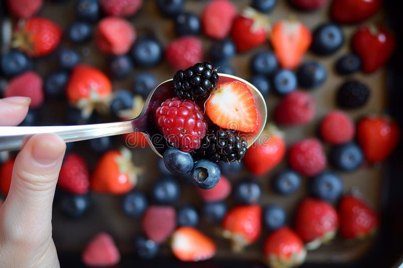 Spoon Held by Hand with Fresh Berries on it Stock Image - Image of ...