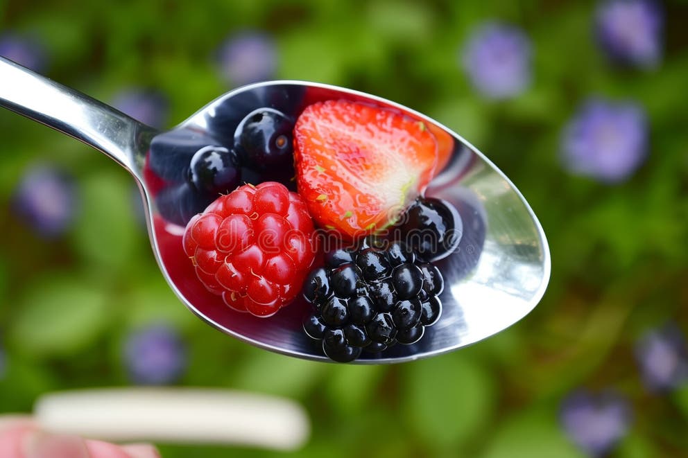 Spoon Held by Hand with Fresh Berries on it Stock Image - Image of ...