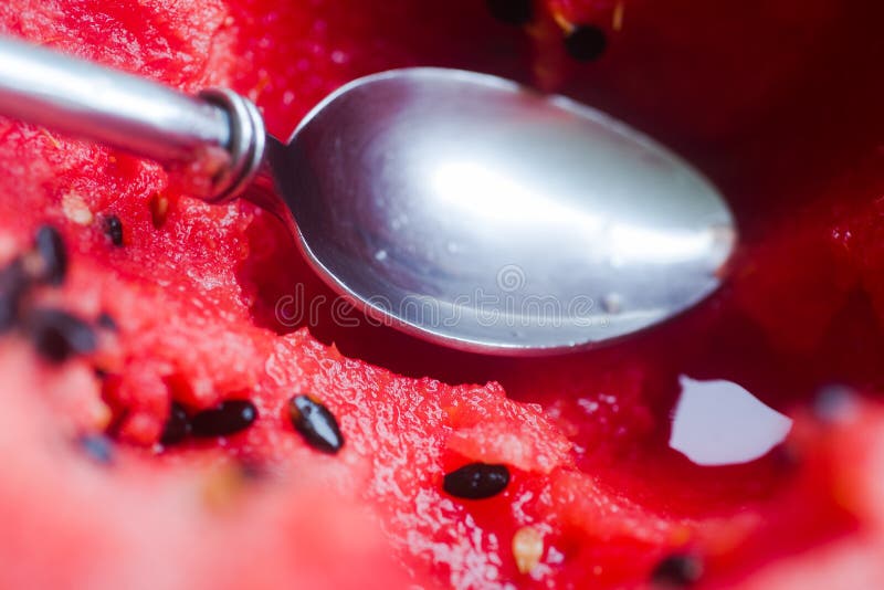 Spoon Inside Watermelon, Macro Photo Stock Image - Image of green ...