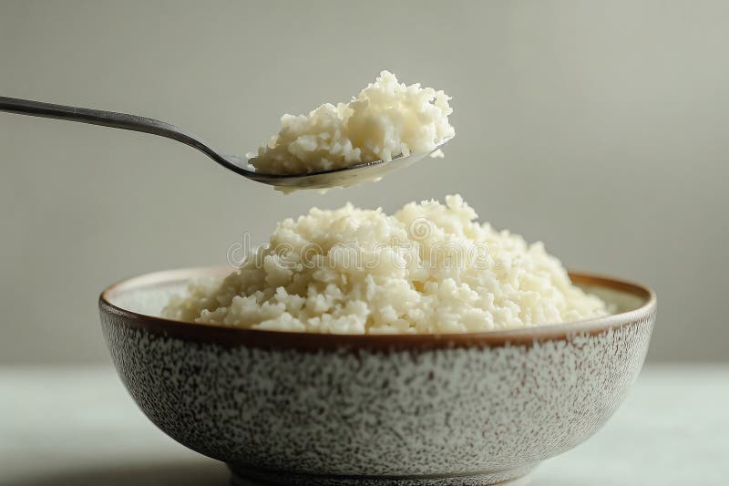 Spoon Lifting Fluffy Cauliflower from a Beautifully Crafted Bowl Stock ...