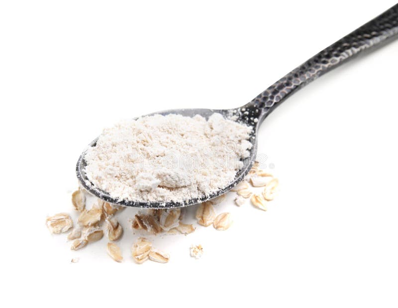 Spoon of Oatmeal Flour and Flakes on White Background Stock Image ...