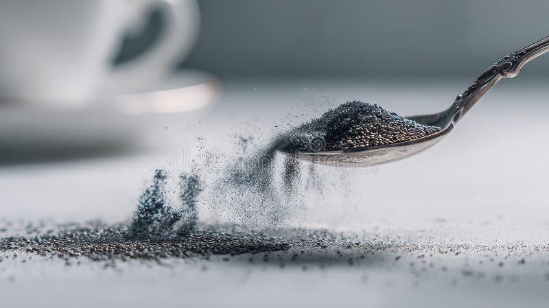Spoon Pouring Dark Powder on Table with Blurred Coffee Cup in ...