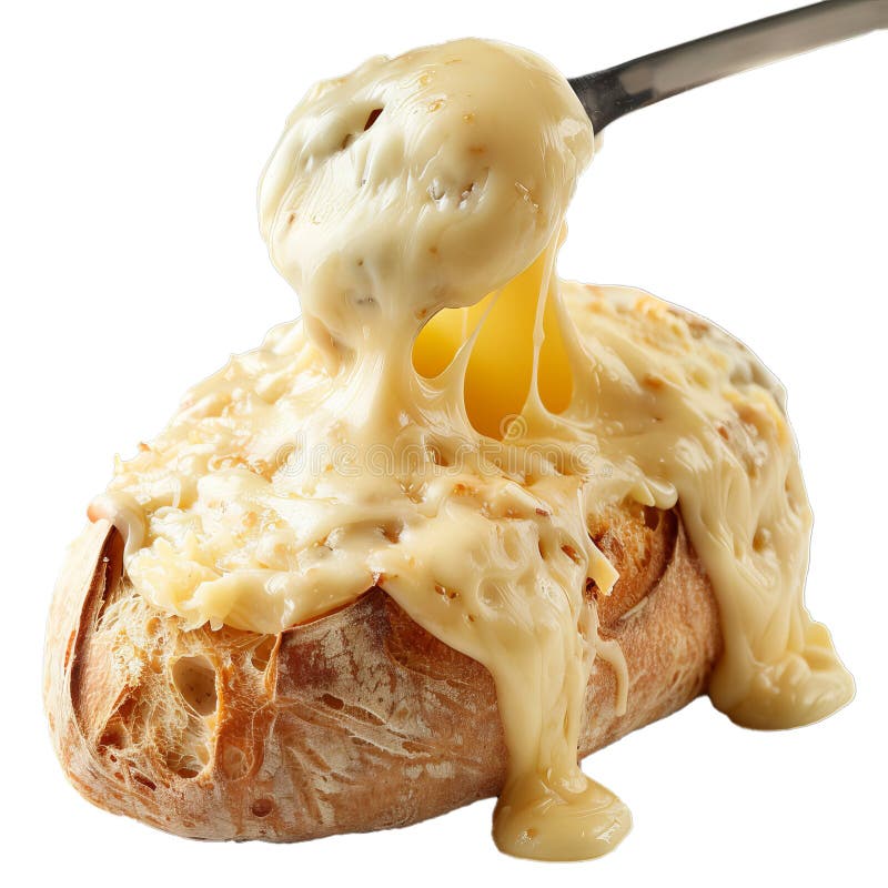 Spoon Pouring Melted Cheese on Bread with Garlic on White Background ...