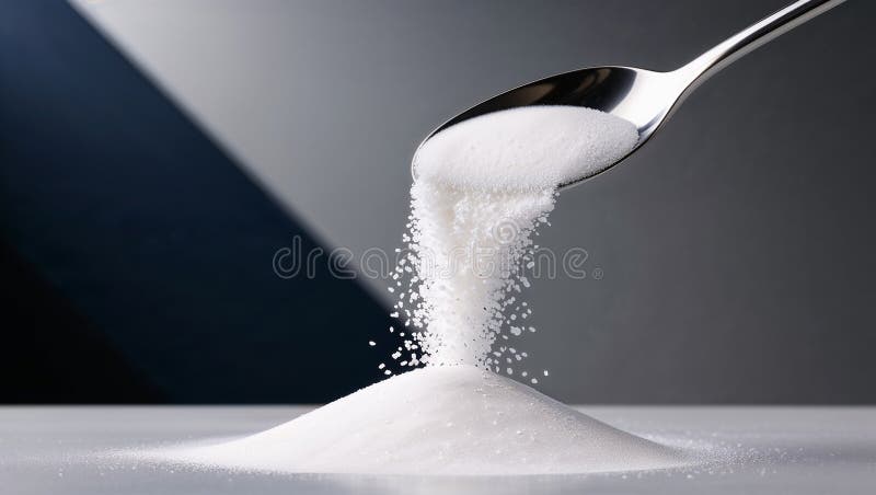 Spoon Pouring Sugar Onto Pile on Reflective Surface with Dark ...