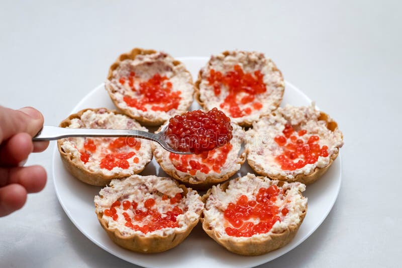 Spoon Red Caviar on Top of Baskets with Pate and Red Caviar Stock Image ...