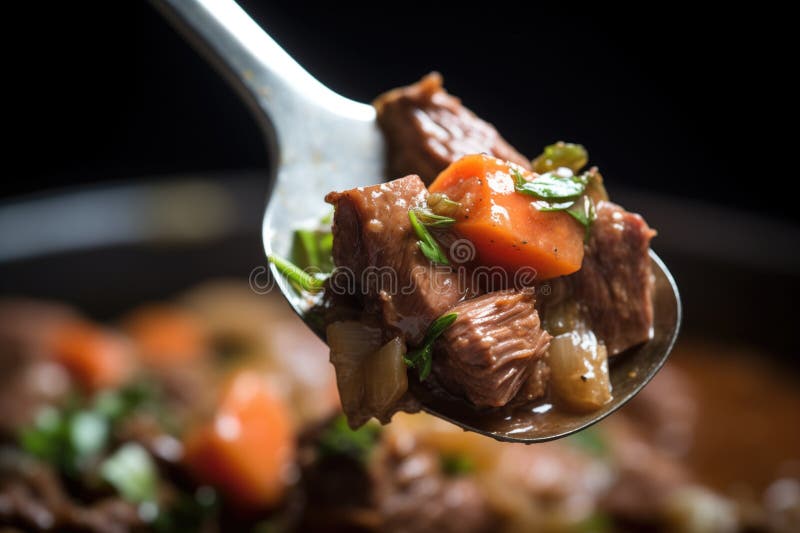 Spoon Scooping Beef Bourguignon, Showing Tender Pieces Stock Image ...