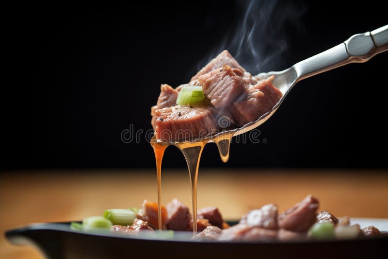 Spoon Scooping Beef Stew, Ingredients Visible and Dripping Stock ...