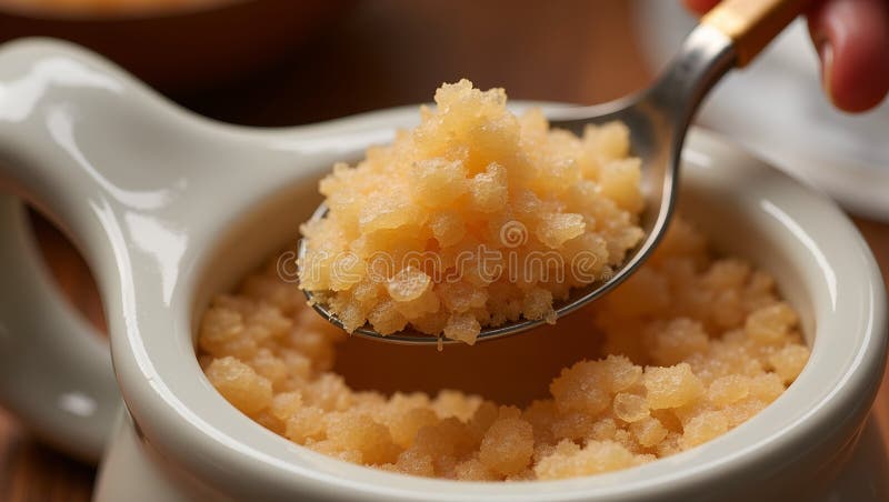 Spoon Scooping Golden Brown Sugar from Ceramic Container Glistening ...