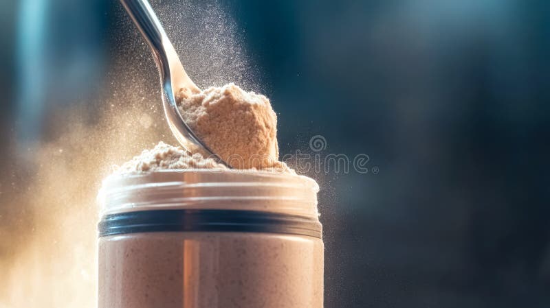 Spoon Scooping Protein Powder from Open Plastic Jar Stock Image - Image ...