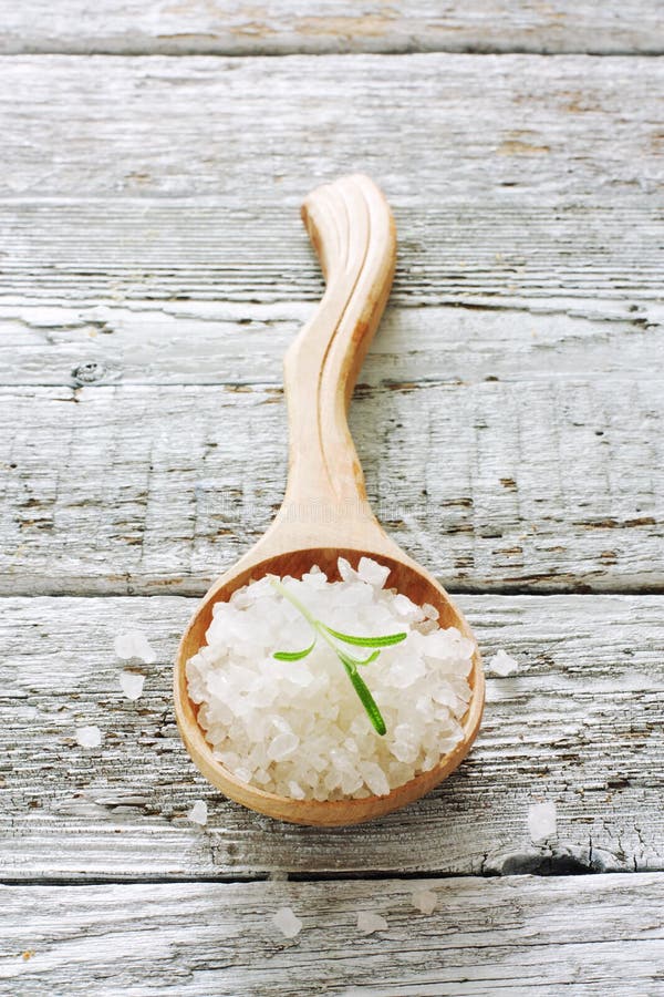 Spoon of sea salt stock photo. Image of rosemary, decoration - 37432124
