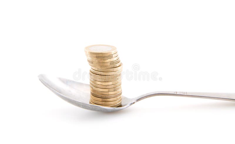 A Spoon and a Stack of Euro Coins in a Spoon on a White Background ...